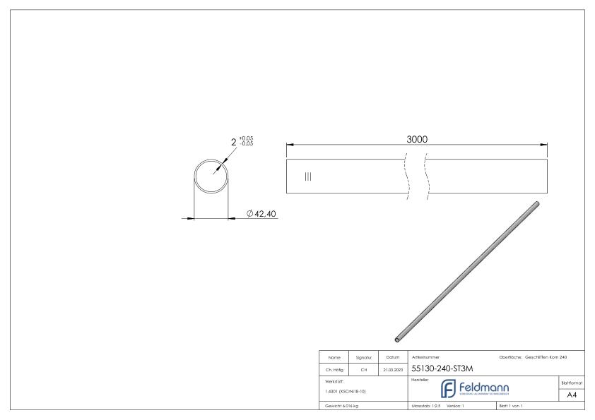 Edelstahlrohr, 42,4 x 2,0mm, L=3m, Korn 240 geschliffen, V2A | 55130 ...