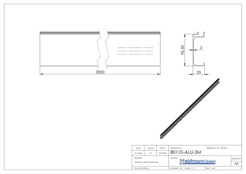 Abdeckung für Alu-Profil 80100-ALU-3M, L: 3000mm | 80110-ALU-3M