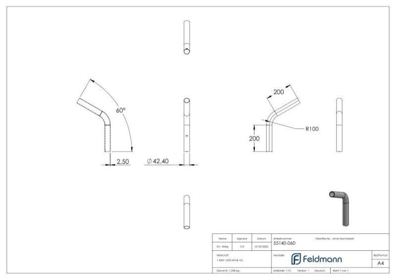 Rohrbogen 60°, aus Rohr 42,4x2,5mm, V2A | 55140-060